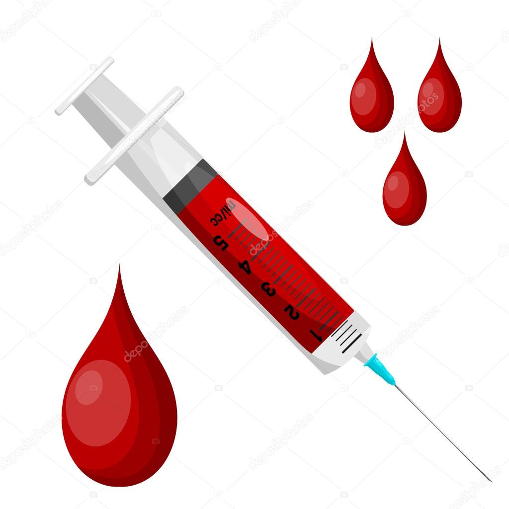 Syringe and a drop of blood on white background. Isolate. Dispos ...