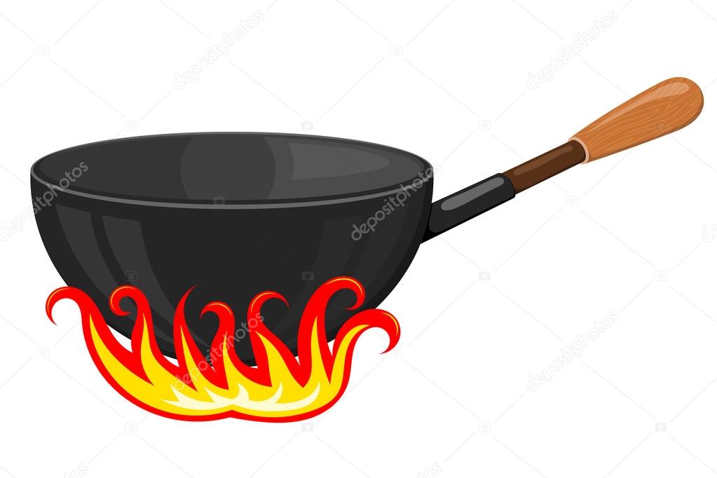 Caricatura de vector de una sartén negra con flamas estilizadas ...