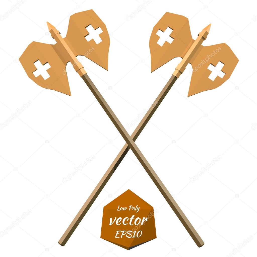 Los dos cruzaron alabardas sobre fondo blanco. Bajo estilo poli. Ve. 2023