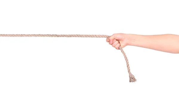 Close up of hand pulling a rope on white background with clippin ...