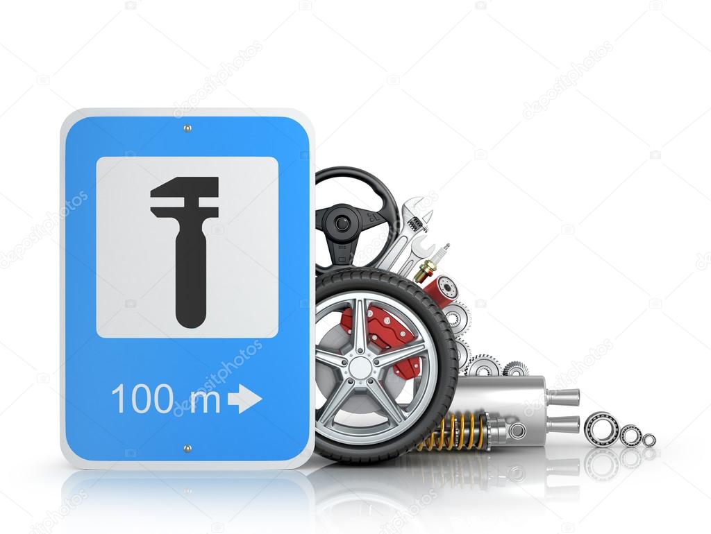 Road sign with car parts isolated on white background. — Stock Photo ...