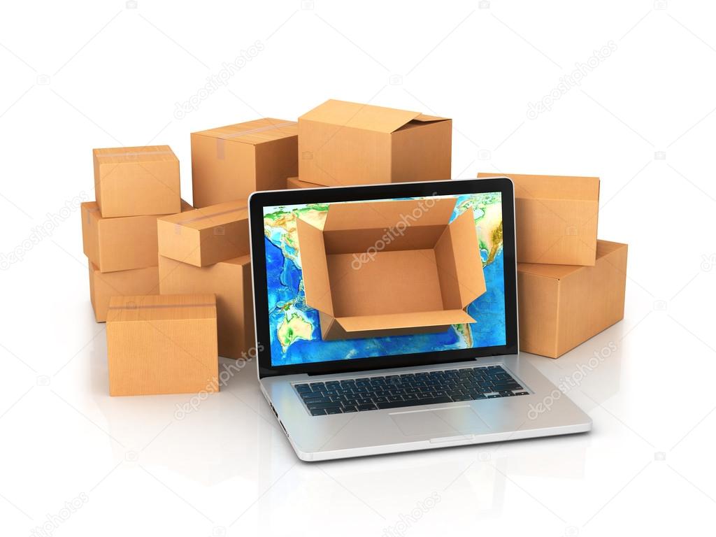 Concept of delivery. Opened cardboard box in the screen of lapto ...