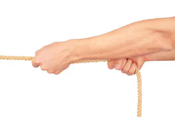 Close up of hand pulling a rope on white background with clippin ...