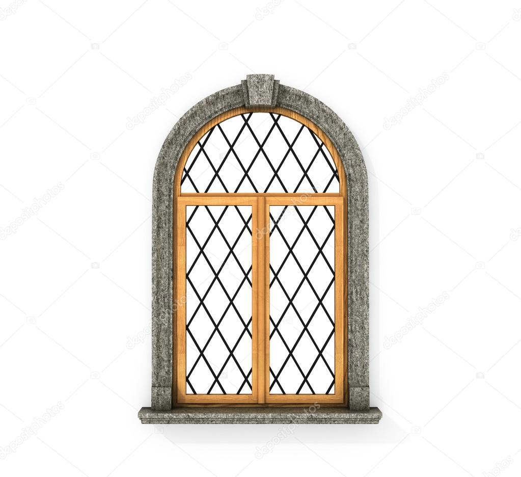 Ancient wooden window. Castle window isolated on a white backgro ...