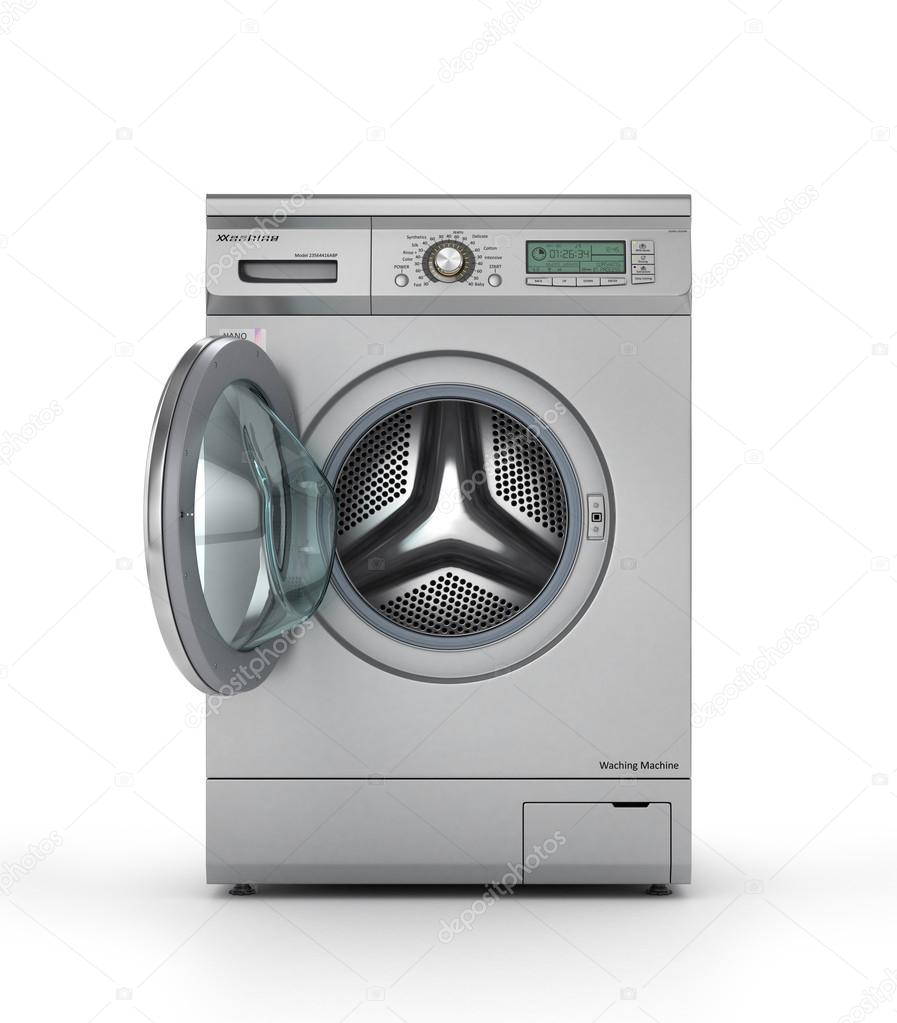 Opened modern washing machine in metallic color. 3d illustration Stock ...