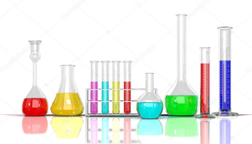 Ilustración de representación 3D. Vidrio de laboratorio con líquido de ...