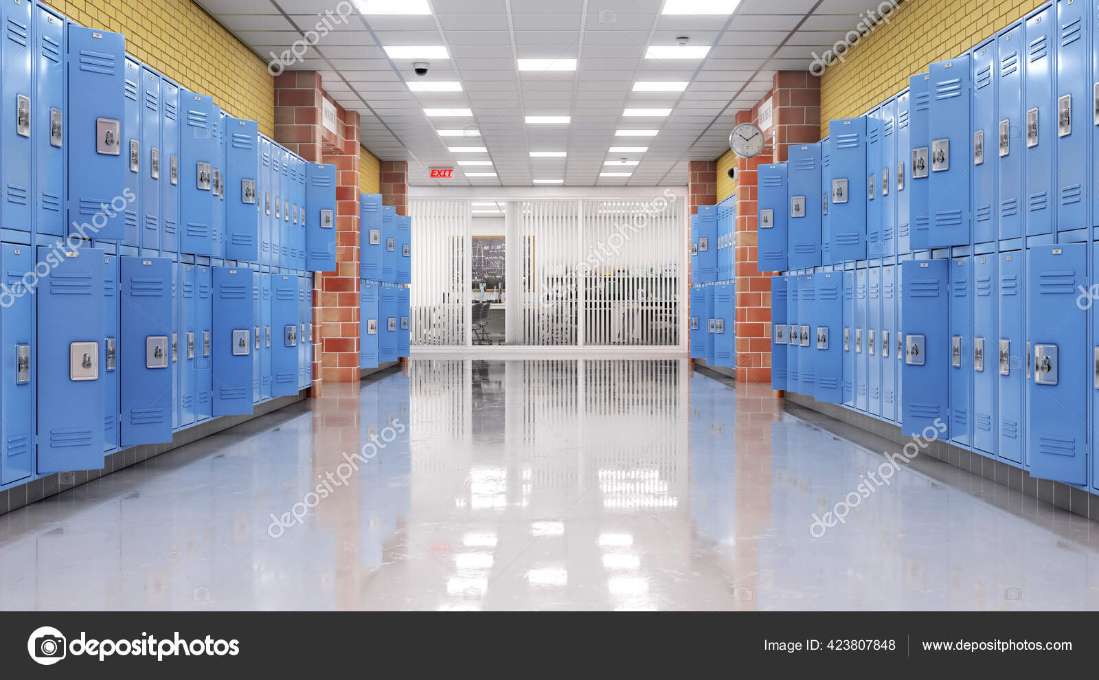 Corredor Escolar Largo Con Casilleros Azules Ilustración: fotografía de ...