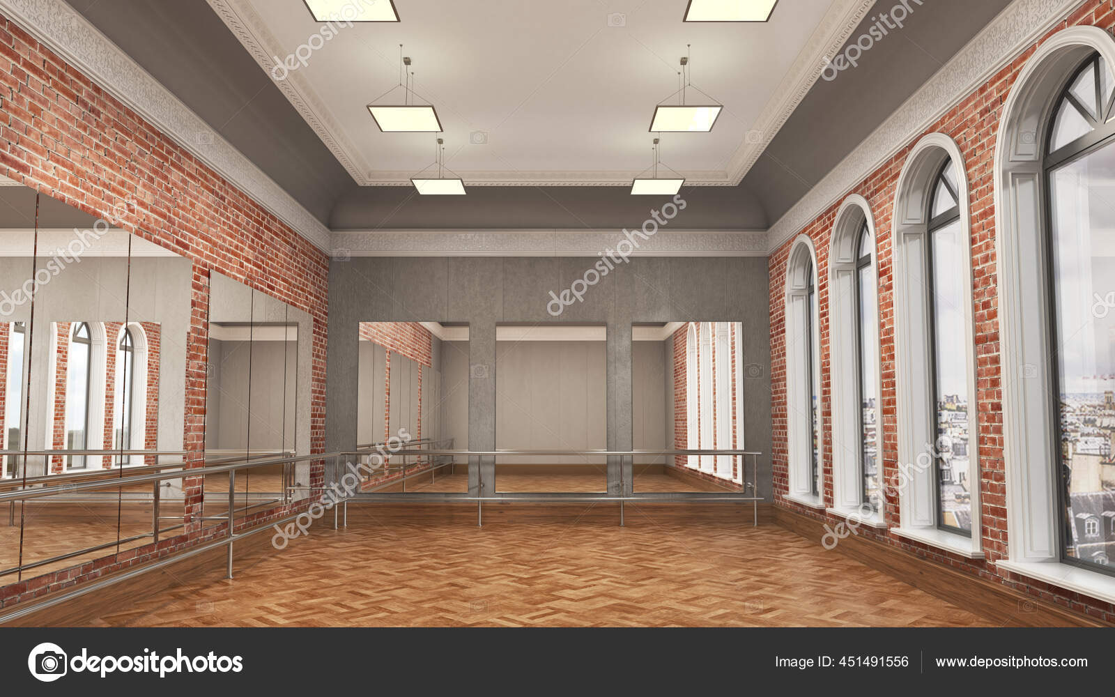 Large Empty Hall Wooden Floors Brick Walls Large Windows Mirrors Stock ...