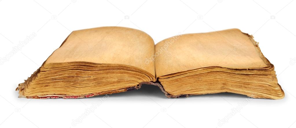 Altes aufgeschlagenes Buch auf isoliertem weißem Hintergrund ...