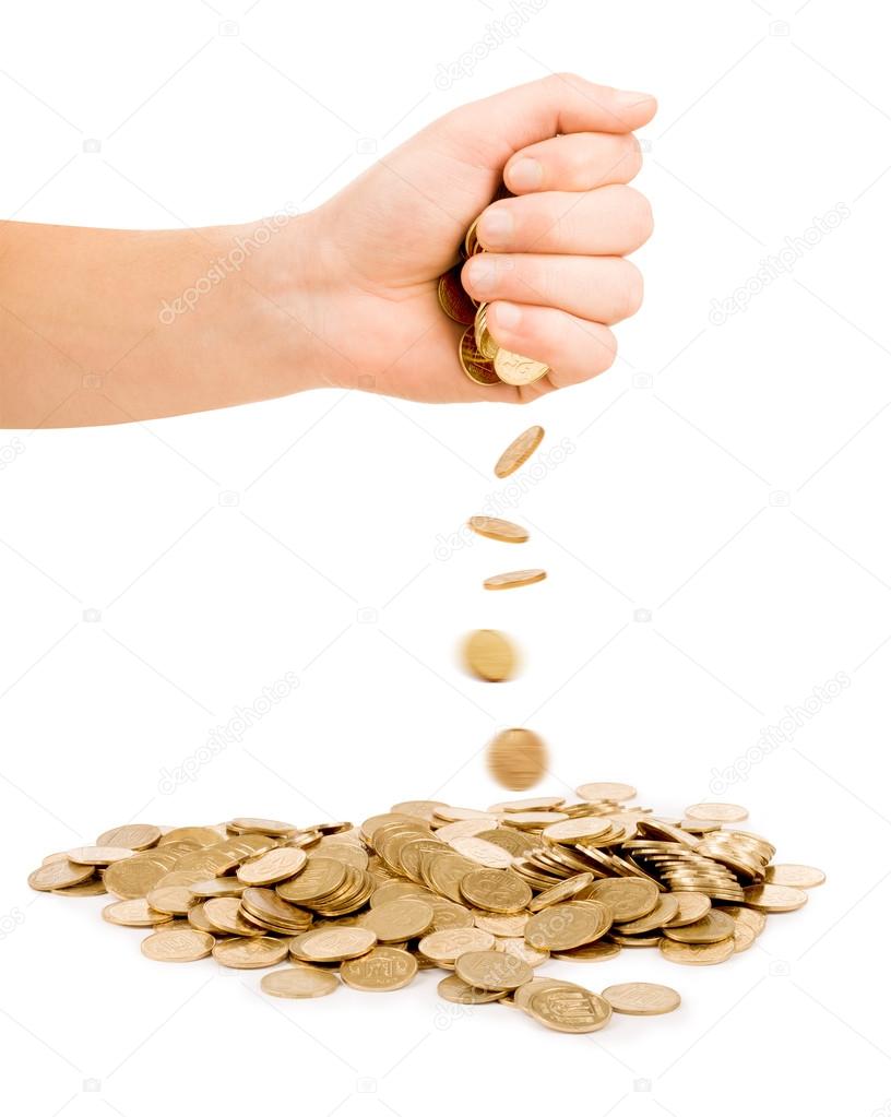 Falling Coins out of hand Isolated on white background Stock Photo by ...
