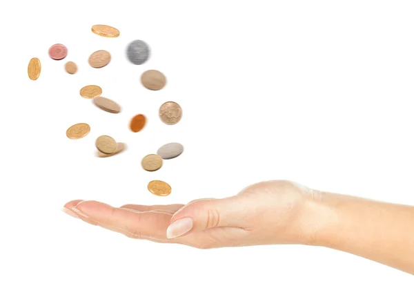 Falling Coins out of hand Isolated on white background Stock Photo by ...