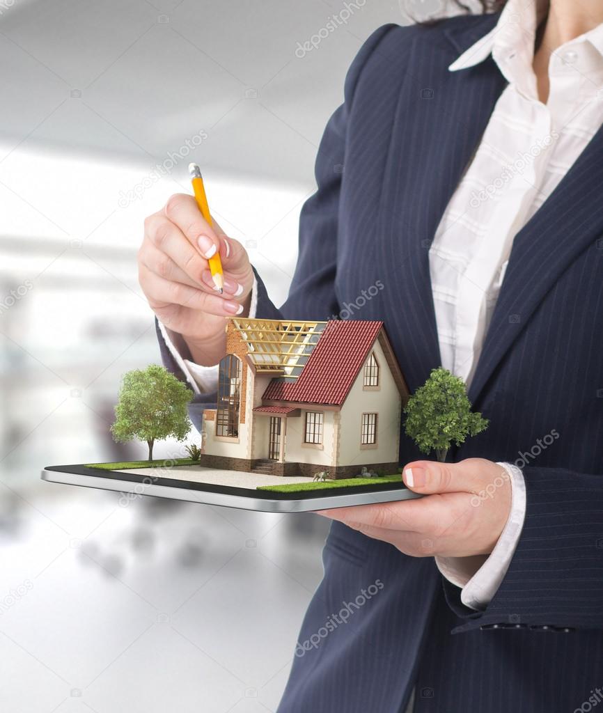 Project concept. Demonstration of an architectural project. Man — Stock ...