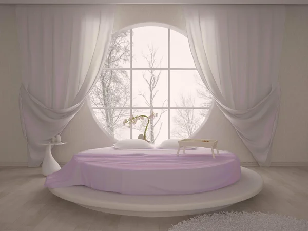 Bedroom with a circular window and a round bed in pink Stock Photo by ...
