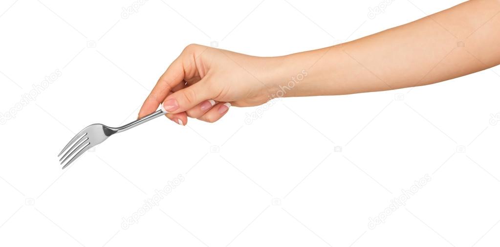 Hand holding a silver fork on an isolated white background Stock Photo ...