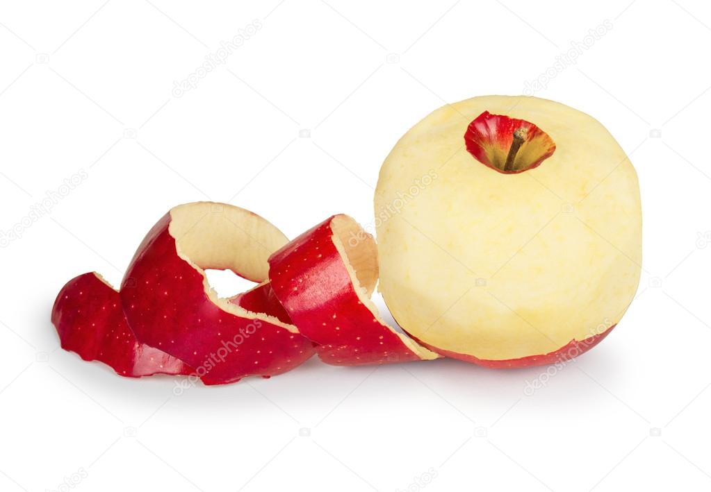 Red apple with peeled skin like a spiral on white background Stock ...