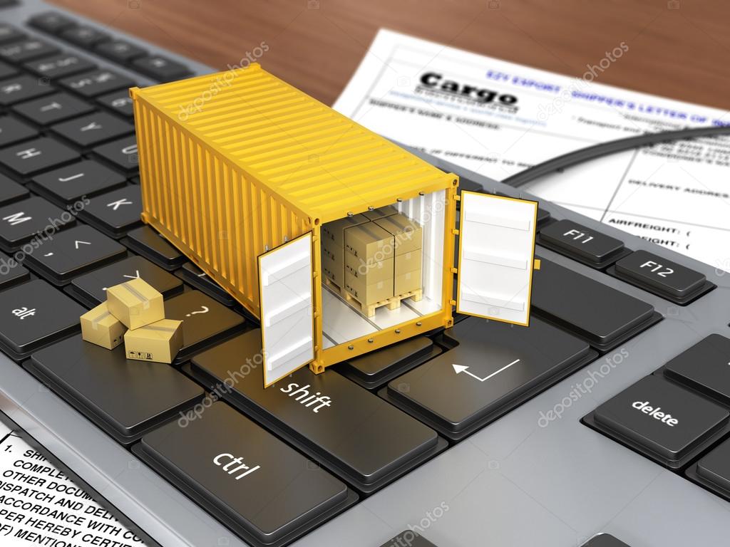 Opened ship container with boxes on the keyboard. Concept of del ...