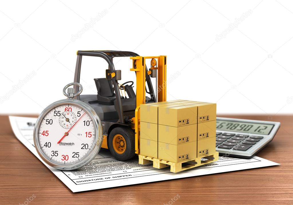 Forklift truck with boxes and stopwatch. Express delivery concep Stock Photo by ©urfingus 76003981