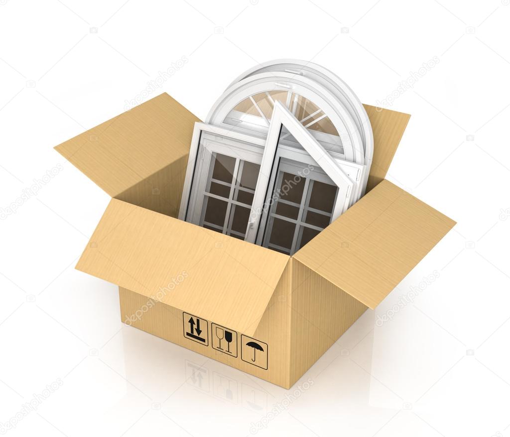 Cardboard box with plastic windows isolated on the white backgro Stock ...