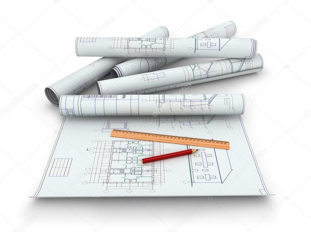 Scrolls of engineering drawings. Isolated render on a white background ...