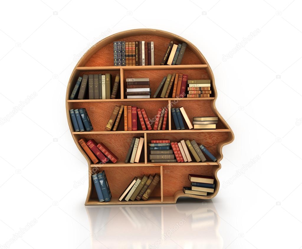 Wood Bookshelf in the Shape of Human Head and books with reflect ...