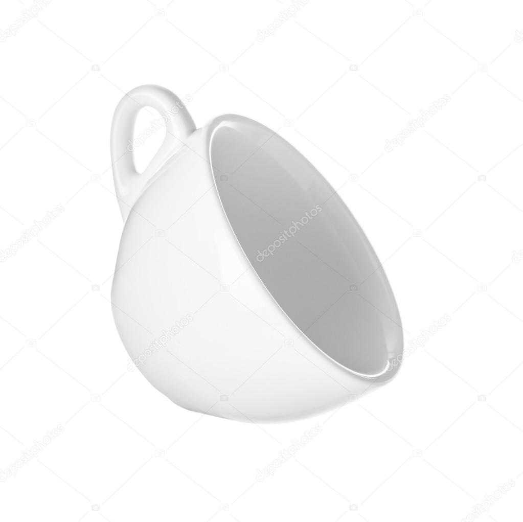 White coffee cup falling through the air on an isolated white ba Stock ...