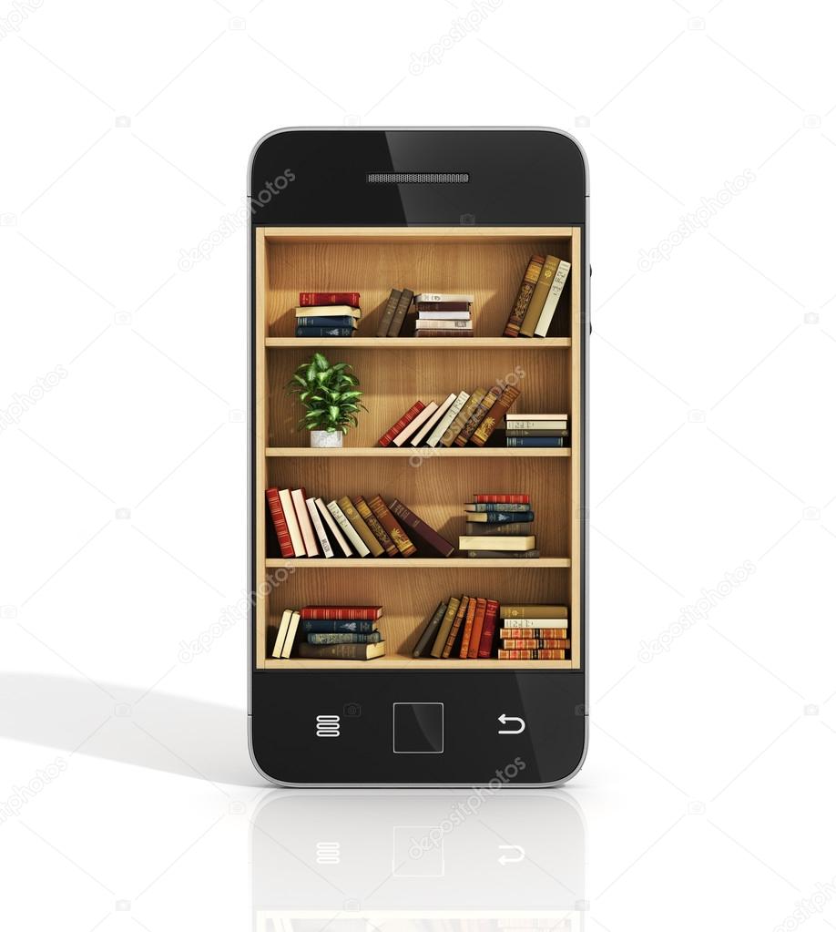 E-book concept. Bookshelf with books in the phone display. Stock Photo ...