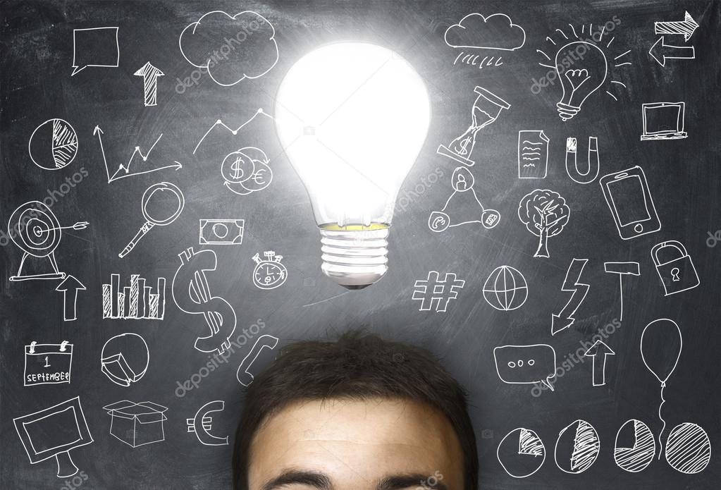 Man with a light bulb over his head Stock Photo by ©urfingus 90462906