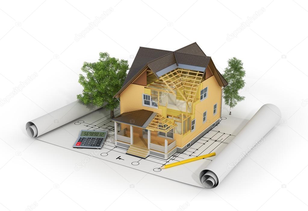 Concept of construction. 3d render of house in building process — Stock ...