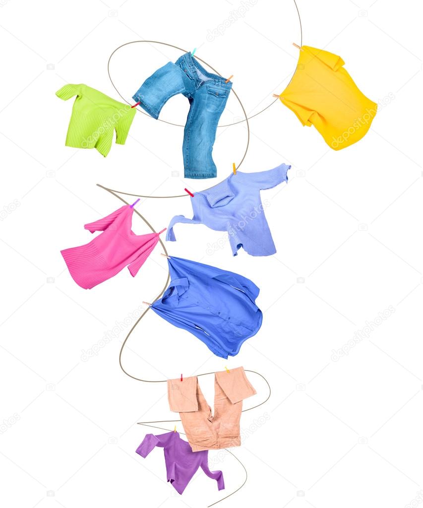 Laundry line with clothes isolated on white background Stock ...