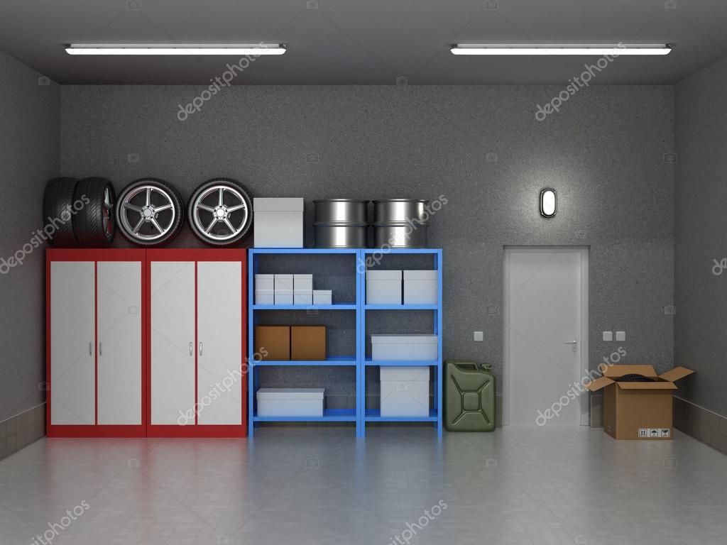 The interior suburban garage with wheels and boxes. — Stock Photo ...