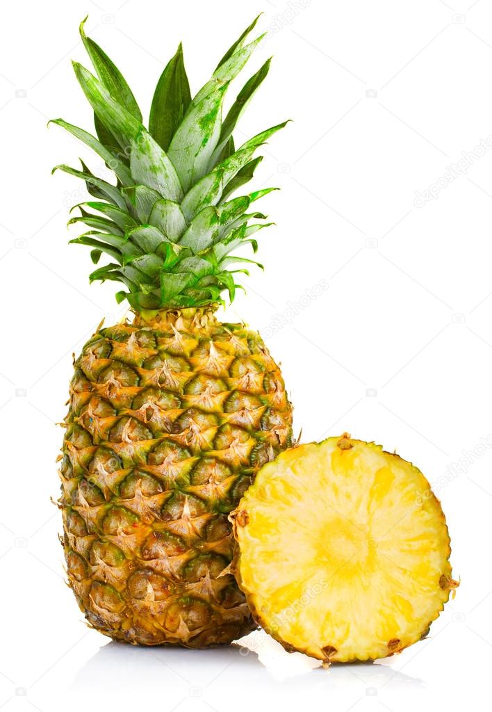Fresh pineapple fruits with cut and green leaves isolated on whi ...