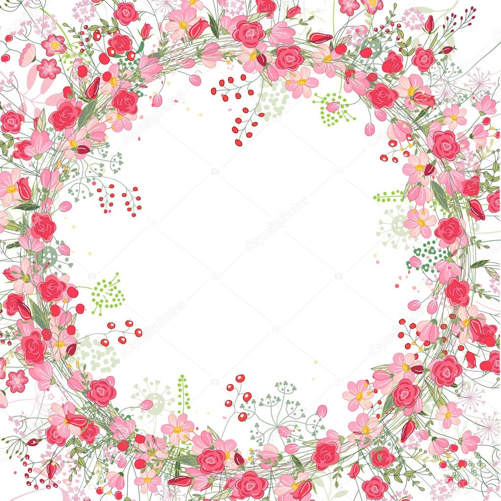 Square frame with contour roses and herbs on white. Floral pattern for ...