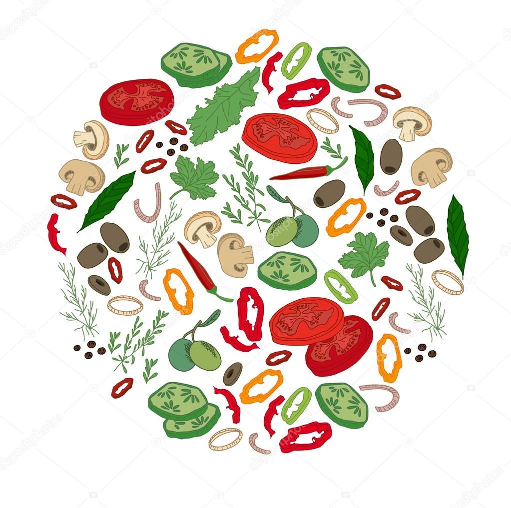 Round template with different vegetables, cheese and meat. Object for ...