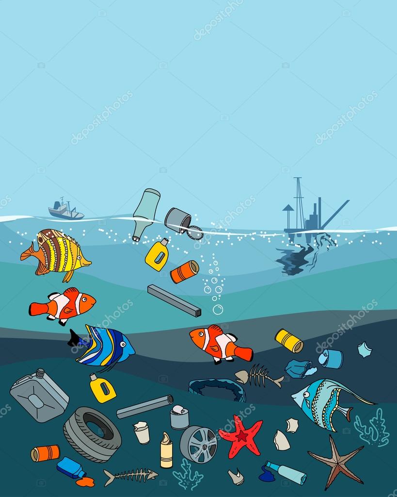 Contaminación del agua en el océano. Basura y residuos. Peces muertos. Concepto ecológico. 2023