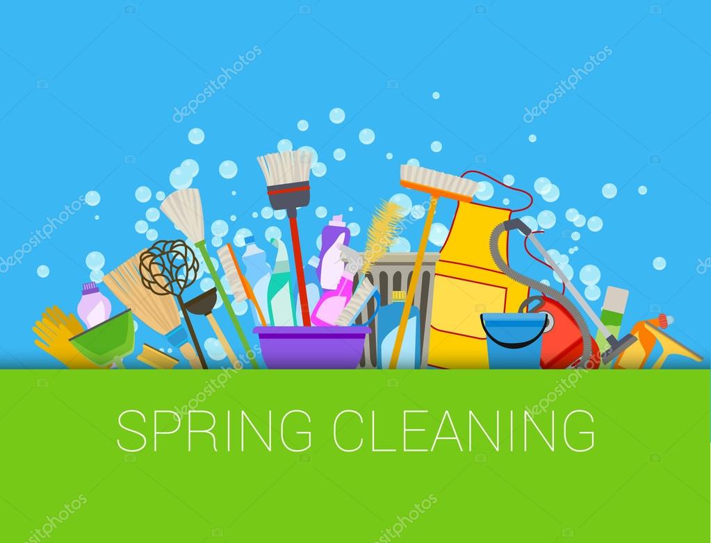 Spring cleaning composition background. Set of cleaning supplies Stock ...