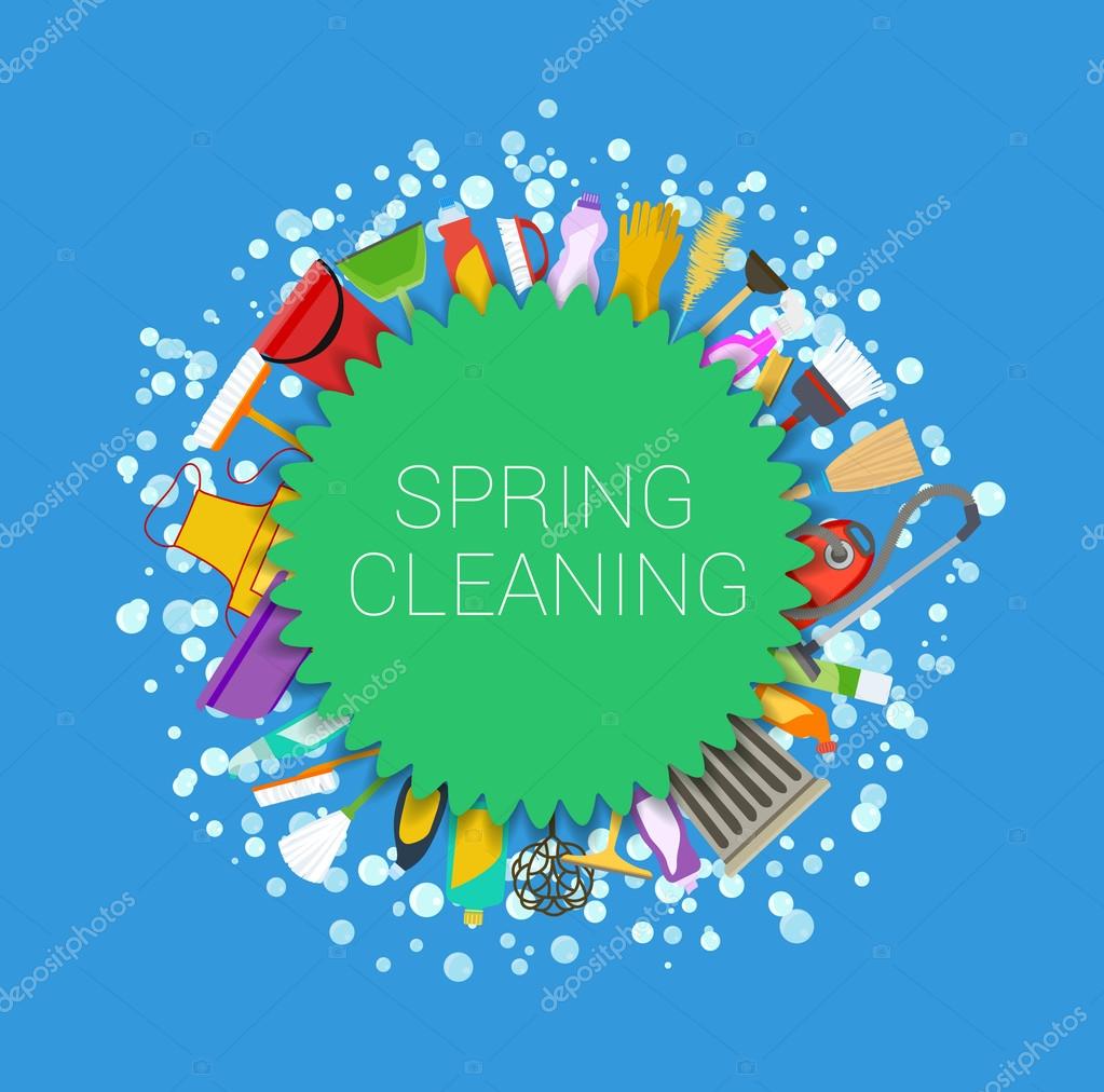 Spring cleaning round background. Set of cleaning supplies. — Stock ...