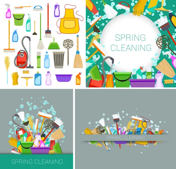 Set of spring cleaning supplies blue and yellow backgrounds. vec Stock ...