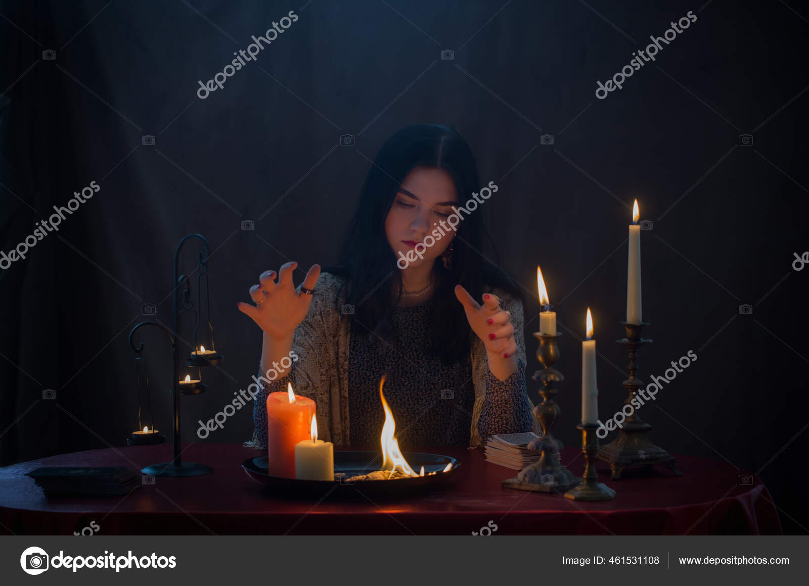 Young Witch Fire Burning Candles Dark Background Stock Photo by ...