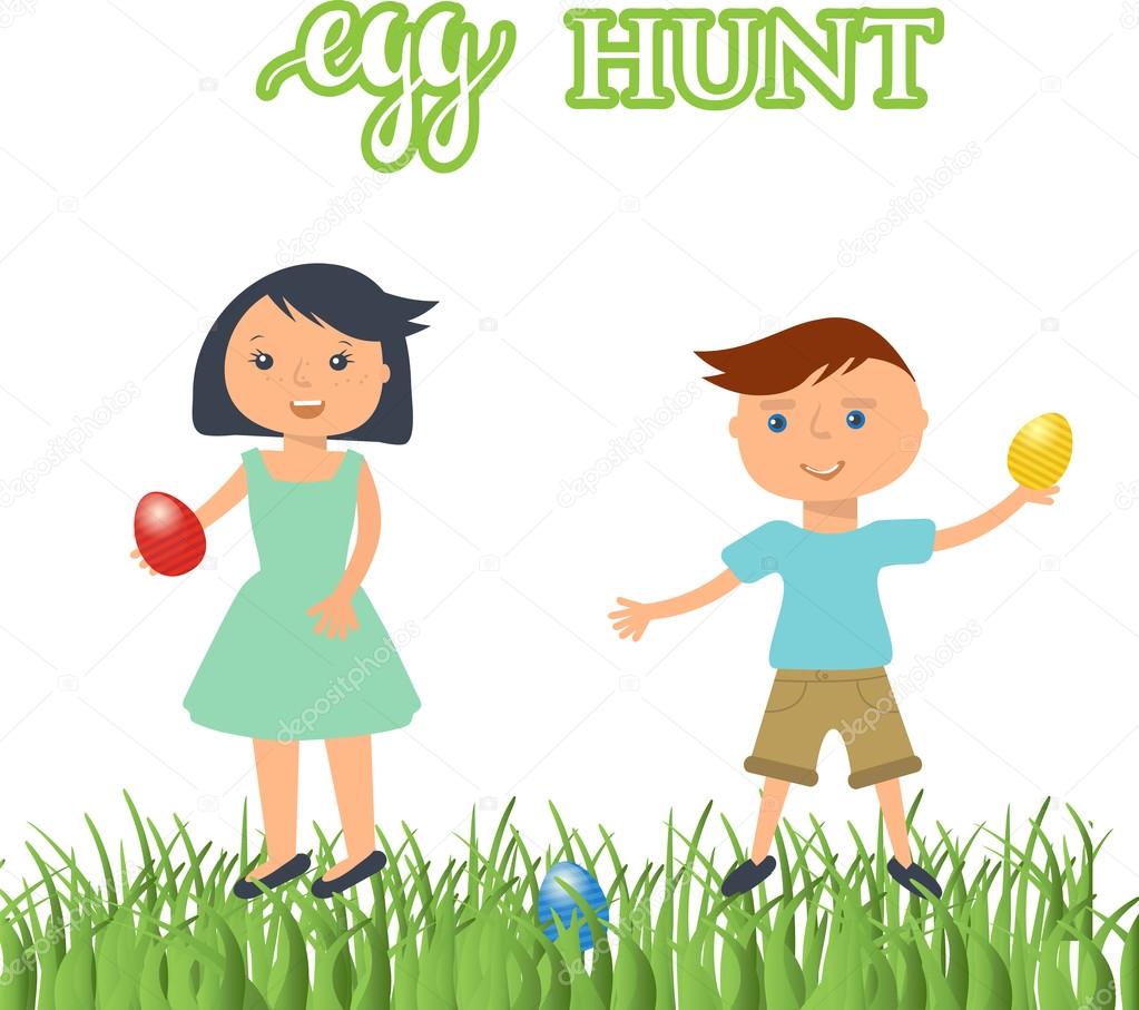 A vector illustration of kids on Easter egg hunt. Cute boy and girl ...