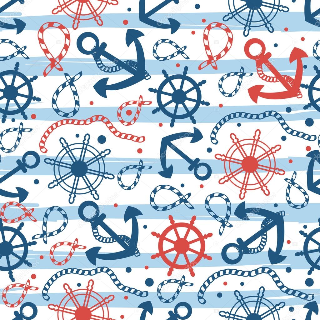 Nautical background. Seamless sea pattern with anchors and wheels ... Nautical background. Seamless sea pattern with anchors and wheels ...
