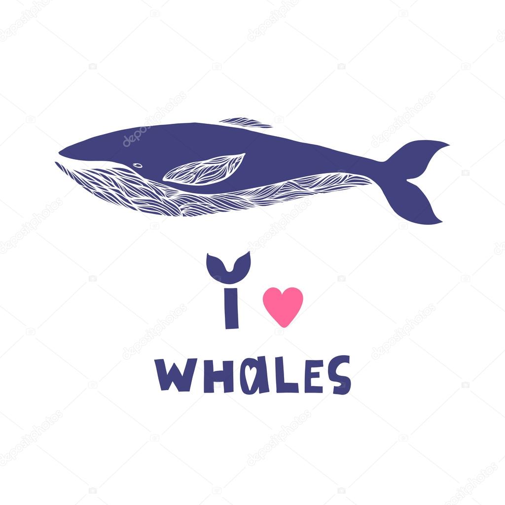 Me encantan las ballenas. Cita. Ilustración vectorial dibujada a mano ...