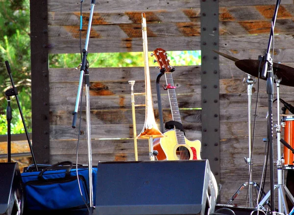 Musical instruments on stage for band members performing. - Stock Image ...