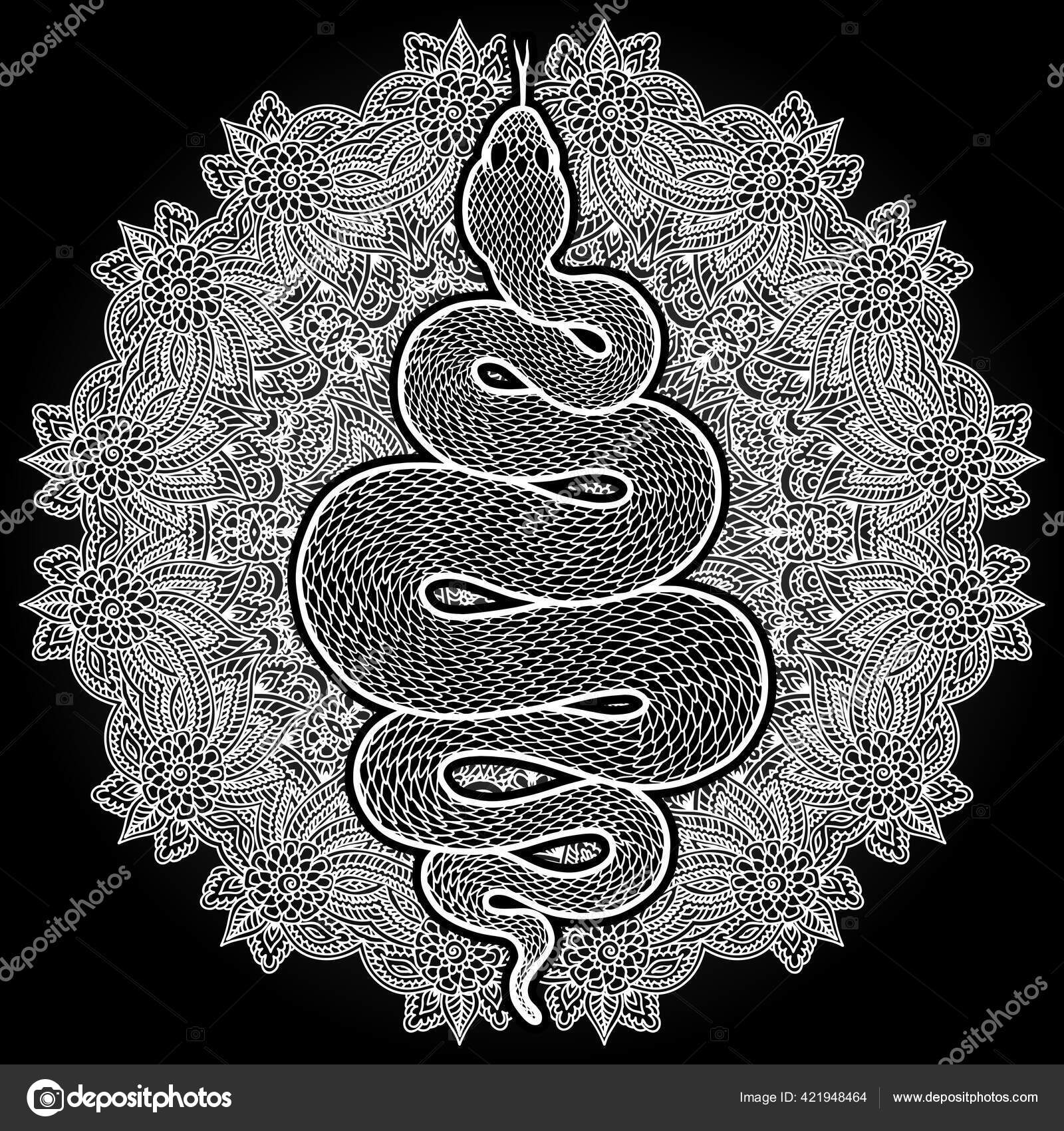 Coiled Snake Floral Mandala Detailed Illustration Tribal Serpent White ...