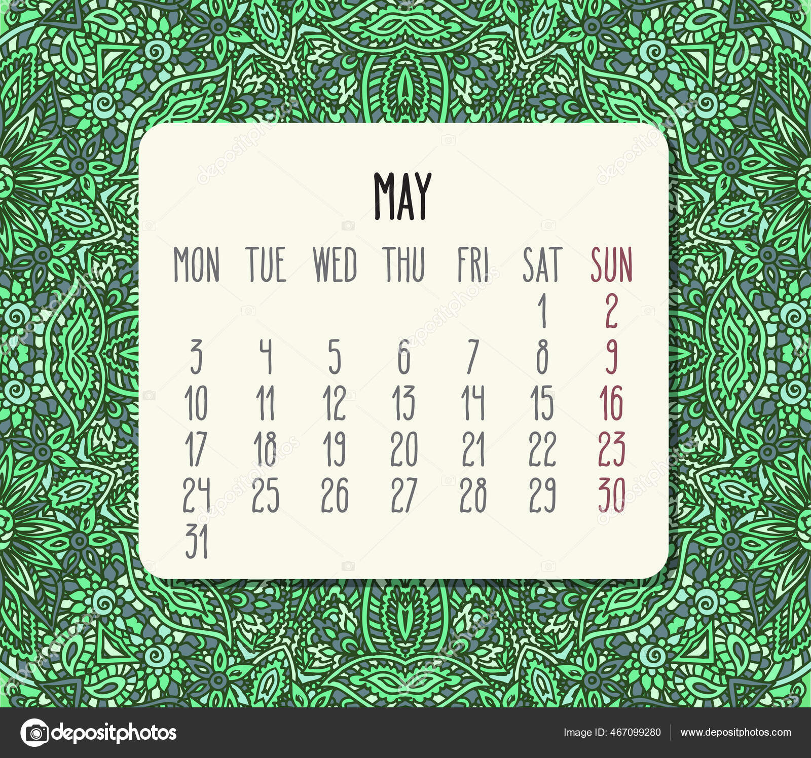 Mayo Año 2021 Vector Calendario Mensual Sobre Encaje Doodle Ornato ...