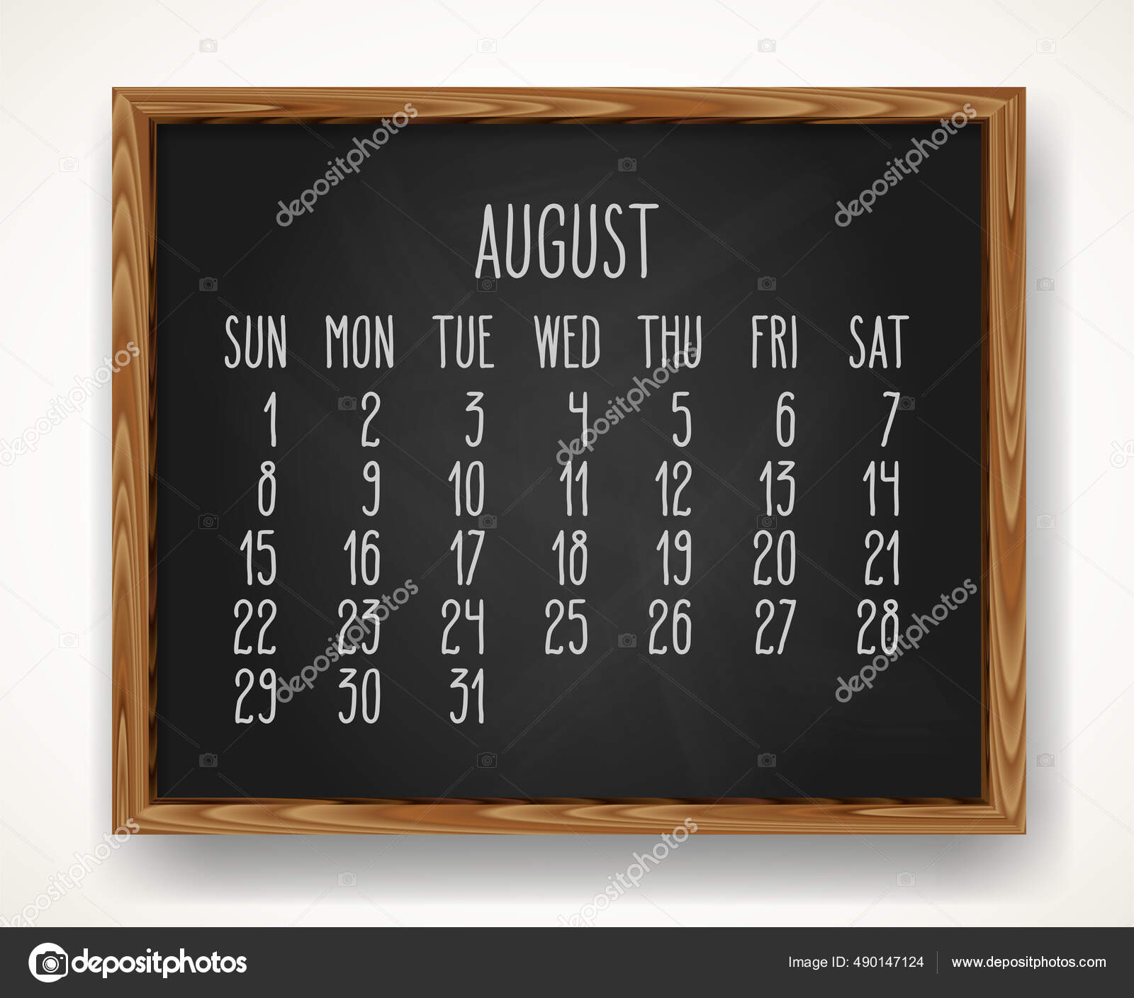 Hand Written Chalk Vector Calendar August Year 2021 Black Chalkboard ...