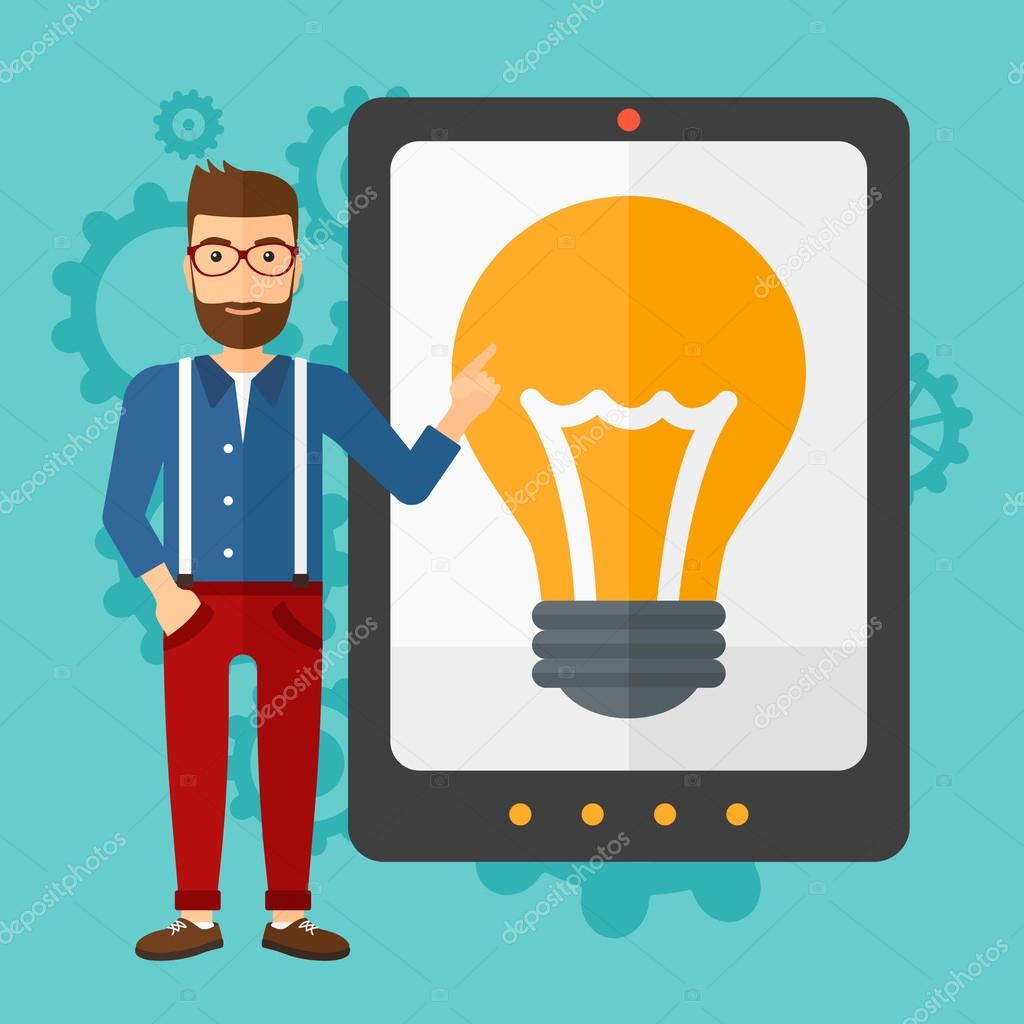 Man pointing at tablet computer with light bulb on screen. Stock Vector ...