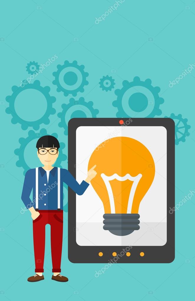 Man pointing at tablet computer with light bulb on screen. Stock Vector ...