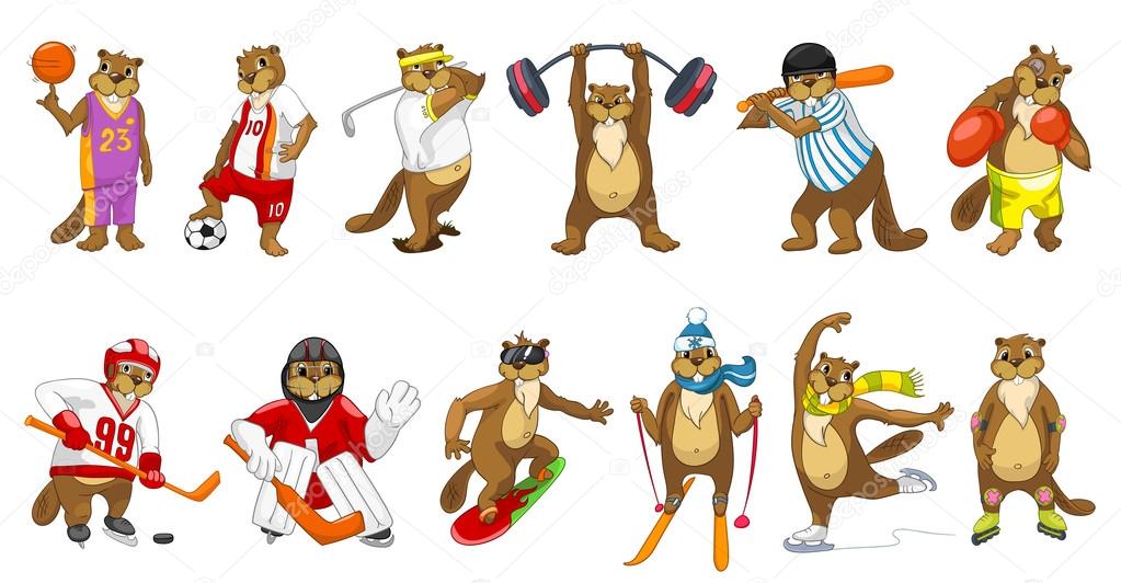 Vector set of cute beavers sport illustrations. Stock Vector Image by ...