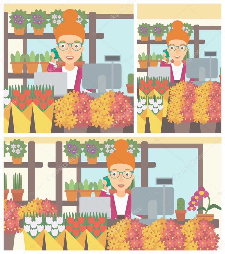 Florist at flower shop vector illustration. Stock Illustration by ...