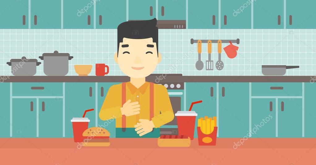 Hombre satisfecho comiendo comida rápida . Vector de stock por ...